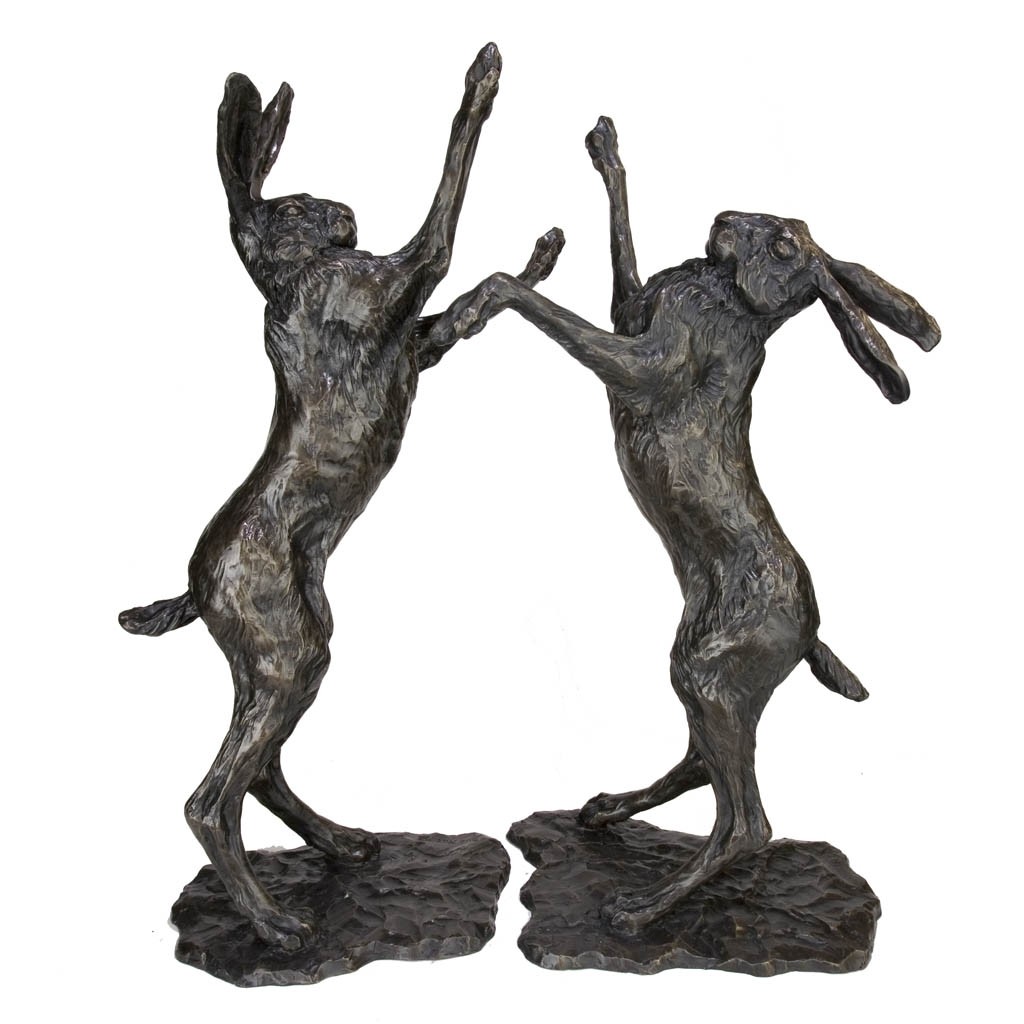 Bronze Hare Sculpture: Garden Boxing Hares by Sue Maclaurin (Life Size)
