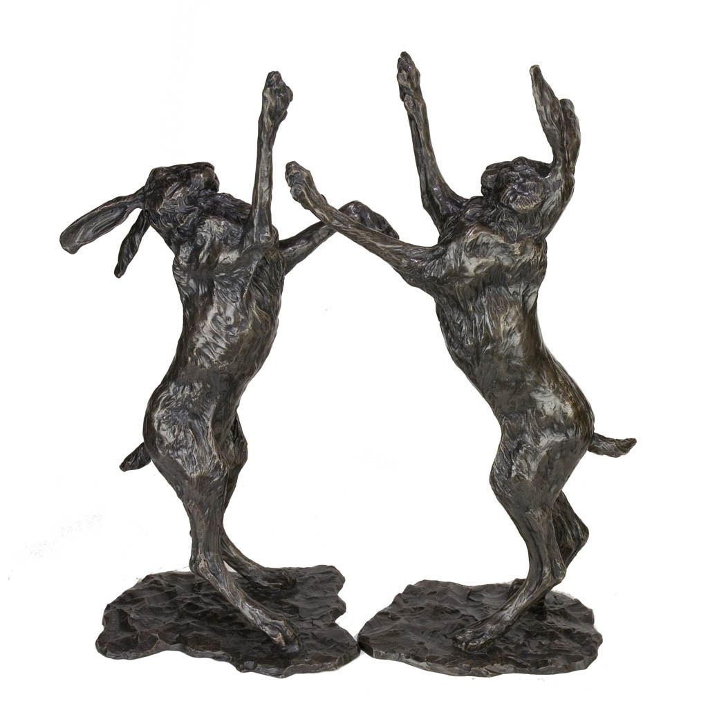 Bronze Hare Sculpture: Garden Boxing Hares by Sue Maclaurin (Life Size)