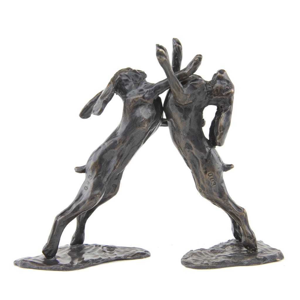 Bronze Hare Sculpture: Boxing Hares Maquette by Sue Maclaurin