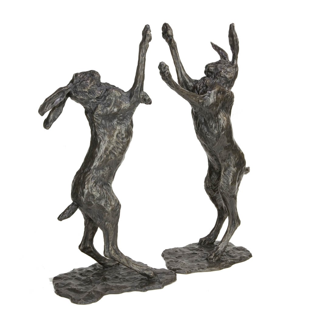 Bronze Hare Sculpture: Garden Boxing Hares by Sue Maclaurin (Life Size)