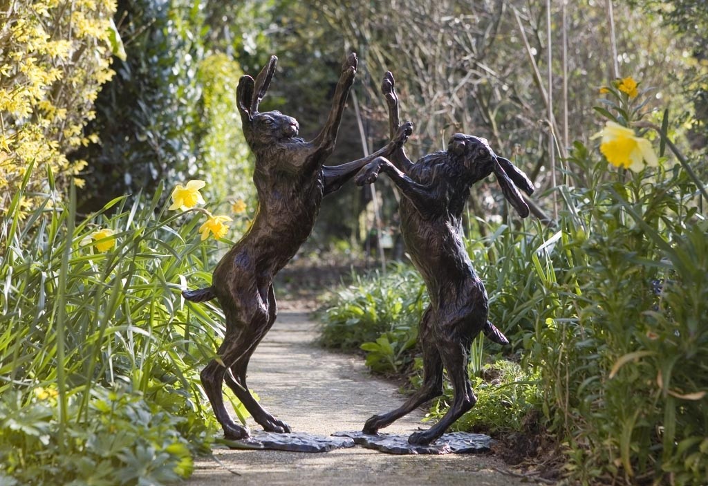 Bronze Hare Sculpture: Garden Boxing Hares by Sue Maclaurin (Life Size)